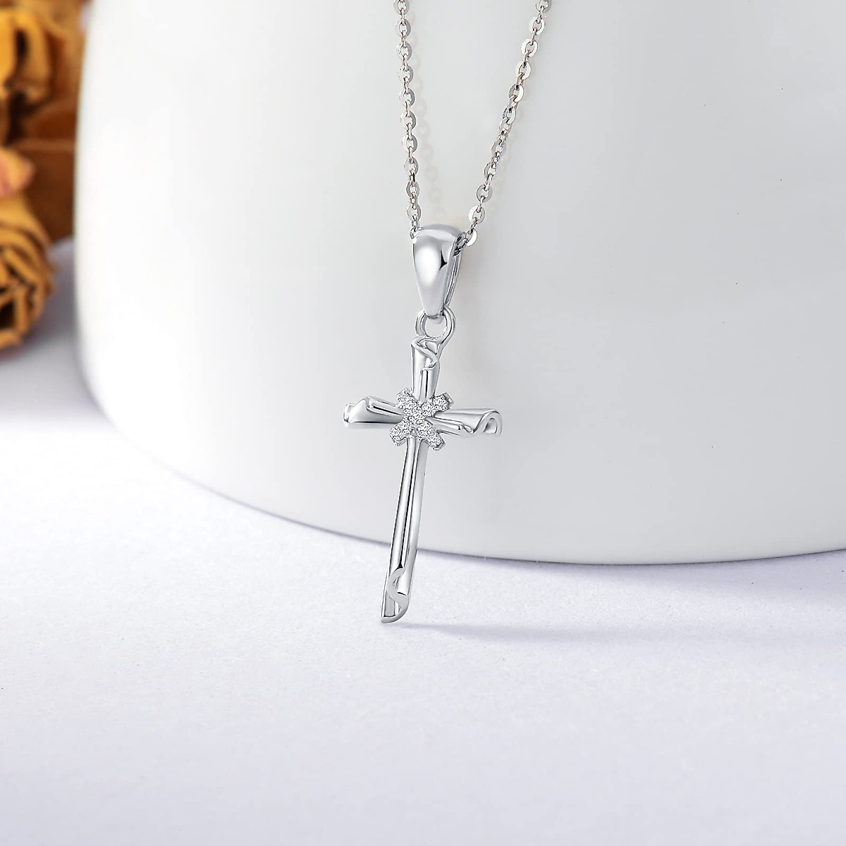 SISGEM 10K Real Gold Cross Necklace for Women Teen Girls, White Gold Cubic Zirconia Cross Pendant Necklace Cross Jewerly Gifts for Birthday Christmas 16+1+1 inch (10K-White)