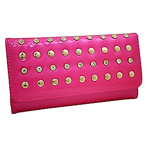 Fashion Women's Satchel Handbag Purse Rhinestone Accent With Matching Wallet - Fuchsia