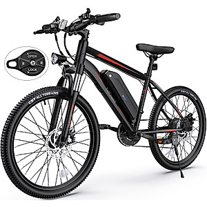 TotGuard 26" Electric Bike, 350W Motor, 19.8MPH Speed, 36V 374.4WH Battery, 21 Speed Gears, Front Suspension, Dual Disc Brakes, Aluminum Frame, LED Headlight, LCD Display, 4 Working Modes, Red