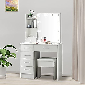 Vanity Desk, Makeup Vanity with Mirror and 10 LED Lights, Makeup Dressing Table with 6 Drawers and Chair, Vanity Table with 3 Lighting Modes for Bedroom