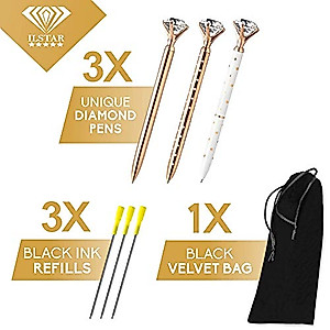 ILSTAR 3 PCS Big Diamond Pens Rose Gold – 3 Black Ink Refills, Cute Bag for Women Girls Coworker Bride, Cool Pretty Ballpoint Pen with Crystal on Top for Writing Fancy Bling Office School Supplies Set