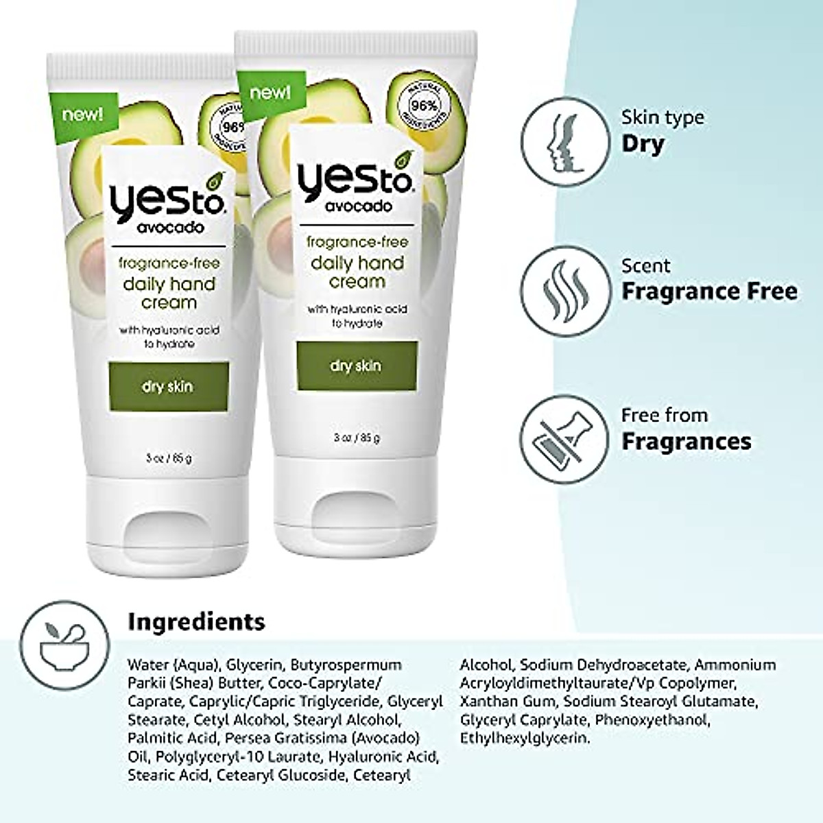 Yes To Avocado Fragrance Free Daily Hand Cream, Fast-Absorbing Formula That Combats Signs Of Aging, With Omega 3 Fatty Acids, Hyaluronic Acid & Glycerin, Natural, Vegan & Cruelty Free, 3 Oz (2 Pack)