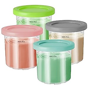 4 Pack Ice Cream Pint Containers, Replacement for Ninja Creami Pints and Lids, Compatible with NC299AMZ & NC300s Series Creami Ice Cream Makers, BPA Free, Dishwasher Safe, Grey/Pink/Green/Lake Blue