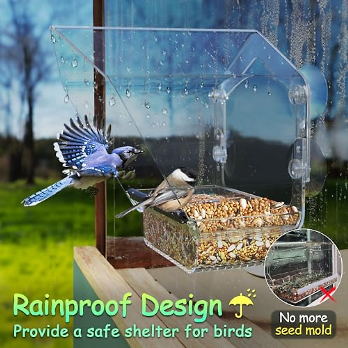 Ermete Window Bird Feeder with Strong Suction Cups, Large View Clear Bird Feeder Window, Adjustable Size Bird Window Feeder with Bird Seed Tray, Rain Proof Window Bird Feeders for Outside (S2)