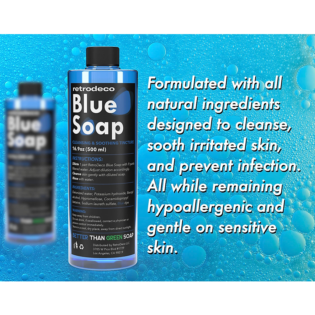 RetroDeco Ultra Concentrated 16.9oz Tincture of Blue Tattoo Soap USP: Makes 1.3 Gallons of Blue Soap with XL 16.9oz Squeeze Bottle For Skin and Piercings, Better Than Green Soap