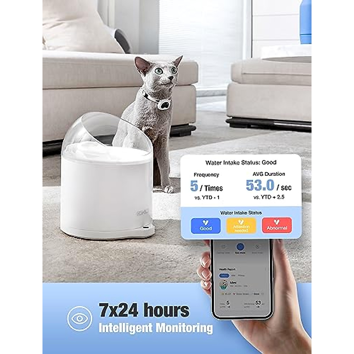 CATLINK Cat Water Fountain with Wireless Pump, 91.71oz/2.6L, Ultra Quiet, Ultrafiltration, Health Monitoring, for Cat Inside, App Control, Automatic Pet Drinking Fountains, CATLINK Pure 2