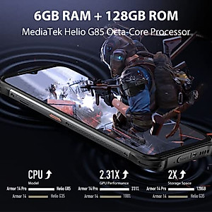 Ulefone Power Armor 14 Pro Rugged Cell Phone 10000mAh Battery, Octa-core Unlocked Phones, 6GB+128GB(Extend 1TB), 6.52” Display, Headset-Free FM Radio, 15W Wireless Charging 4G Android Smartphone