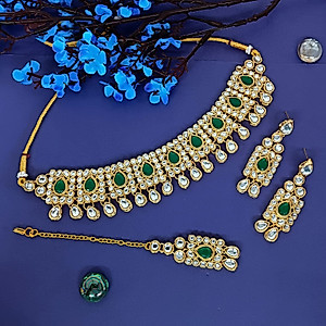 Efulgenz Kundan Necklace Set Indian Kundan Jewelry Sets for Women Green Indian Jewelry Kundan Crystal Choker Necklace Dangle Earrings Maang Tikka Bollywood Wedding Choker Necklace for Women