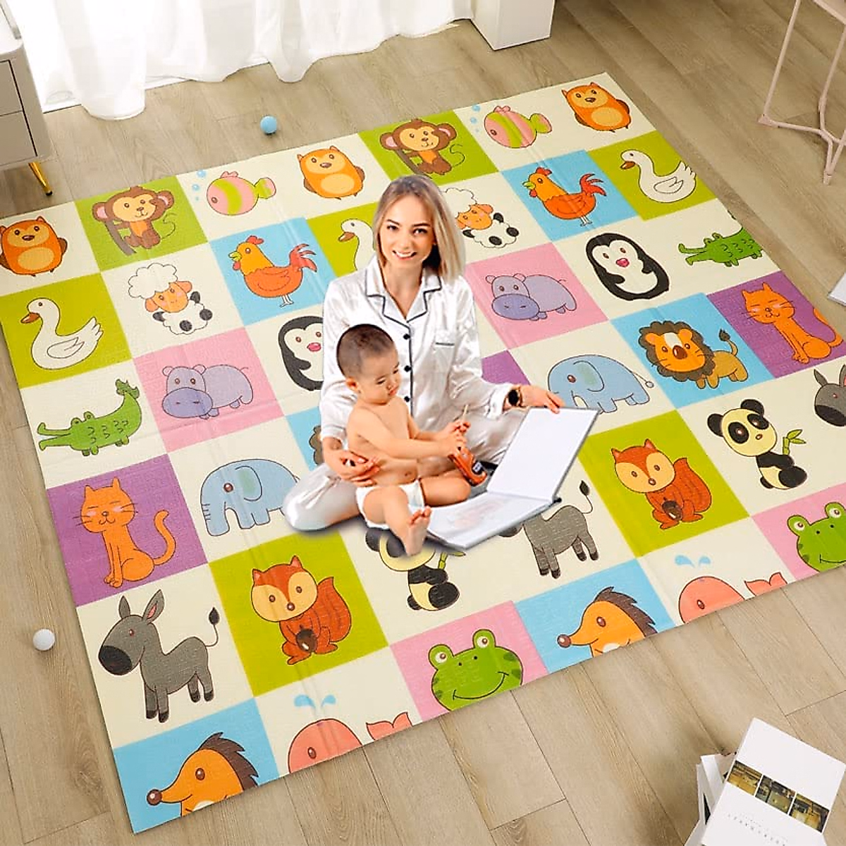 79 x 71” Baby Play Mat Reversible Foldable Floor Playmat Extra Large Thick Foam Playmat Non-Toxic Waterproof Crawling Mat for Infants Toddlers and Kids Indoor Outdoor Use (Car-Animal)