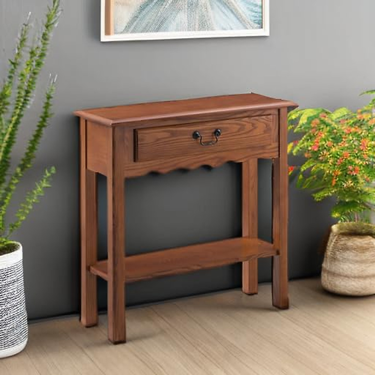 Leick Home 9021-MED One Drawer Wave Hall Console Table with Shelf, Medium Oak