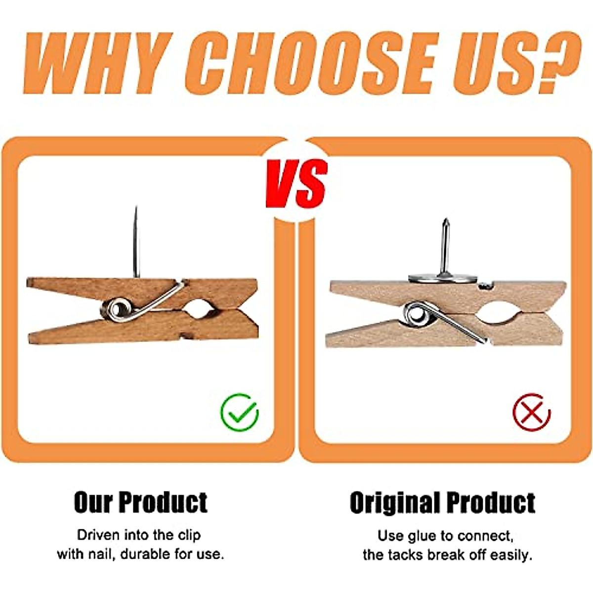 50 PCS Push Pin with Wooden Clips, Durable Wooden Push Pins, Decorative Pushpins Tacks Thumbtacks, Tacks for Cork Board Artworks Notes Photos, Craft Projects, Offices and Homes