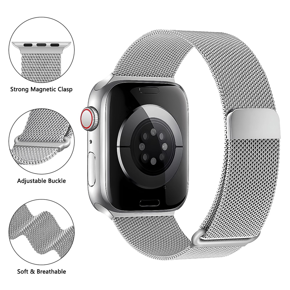MYAPULUA Magnetic Loop Band for Apple Watch Series 9/ultra 2/SE 2nd/8/ultra/7/SE/6/5/4/3/2/1, 38mm-49mm, Stainless Steel, Mesh Loop, 4 Pack
