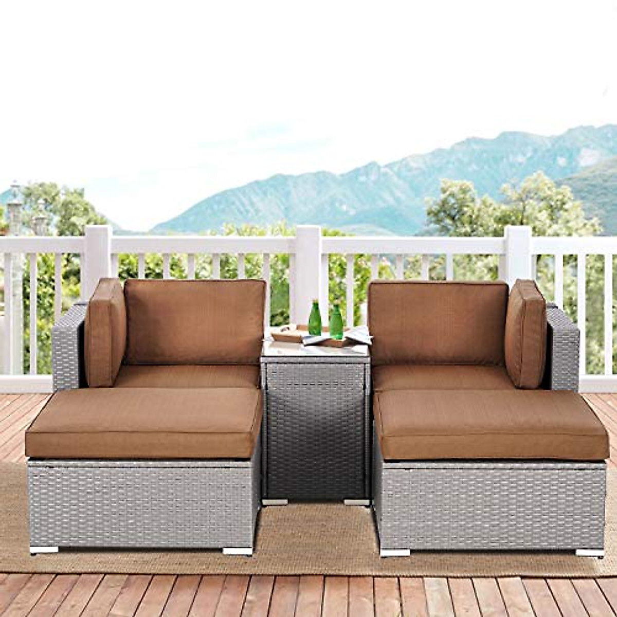 SOLAURA 5-Piece Outdoor Patio Furniture Set, PE Rattan Wicker Chair Sectional Sofa Set with YKK Zipper and Glass Coffee Table - Brown