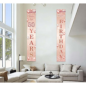 Happy Birthday Rose Gold Banner Cheers to 50 Years Backdrop Balloon Confetti Theme Decor Decorations for Front Door Porch Women 50th Birthday Party Pink Birthday Party Supplies Bday Favors Glitter