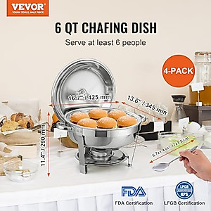 VEVOR Chafing Dish Buffet Set, 6 Qt 4 Pack, Stainless Steel Chafer with Full Size Pan, Round Catering Warmer Server with Lid Water Pan Stand Fuel Holder Cover Holder Spoon, for at Least 6 People Each