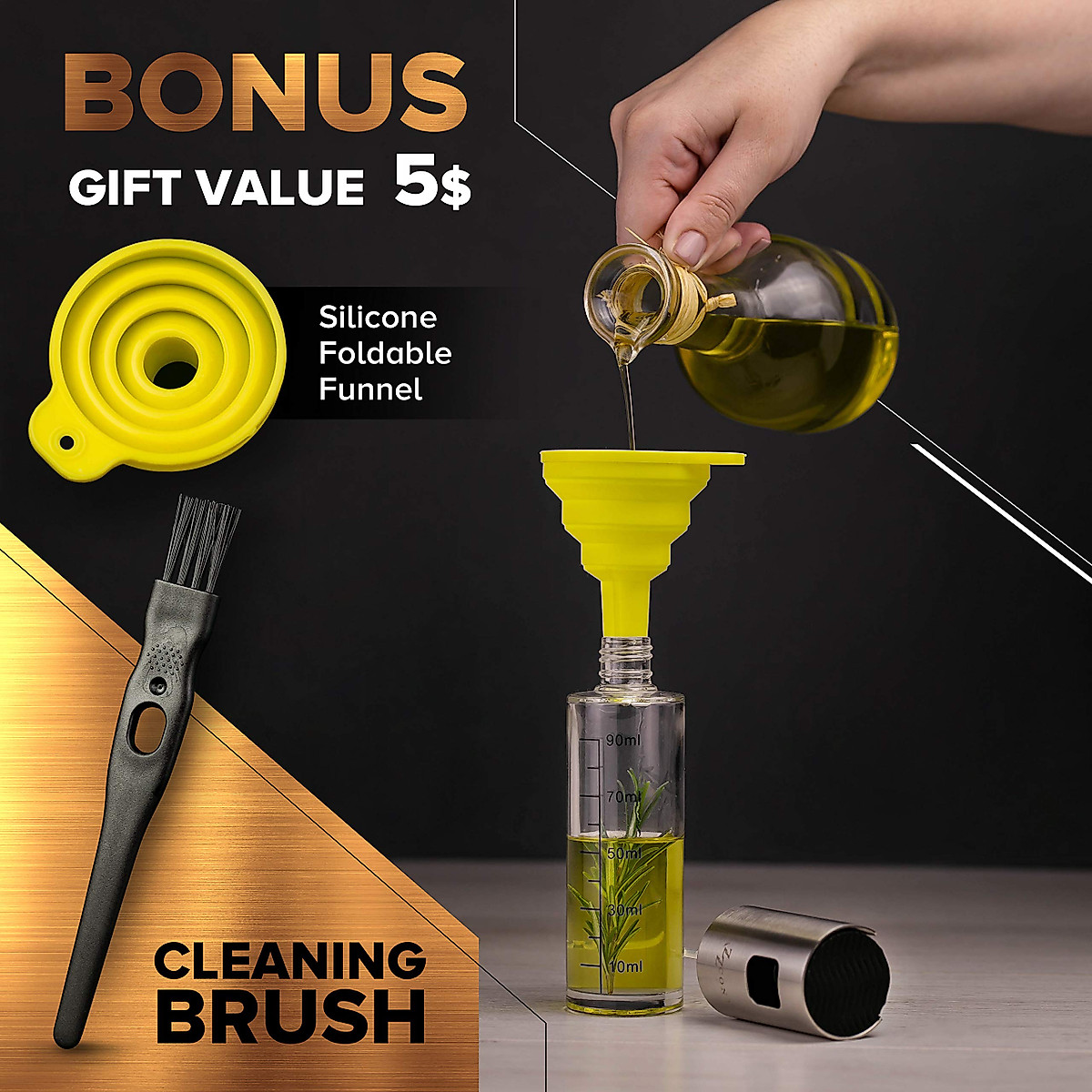 Electric Salt and Pepper Grinder Set | Stainless Steel Battery Operated Mill with Light | Pack with Oil Sprayer, Silicone Funnel, Cleaning Brush, and eBook | Adjustable Coarseness | Ceramic Grinders