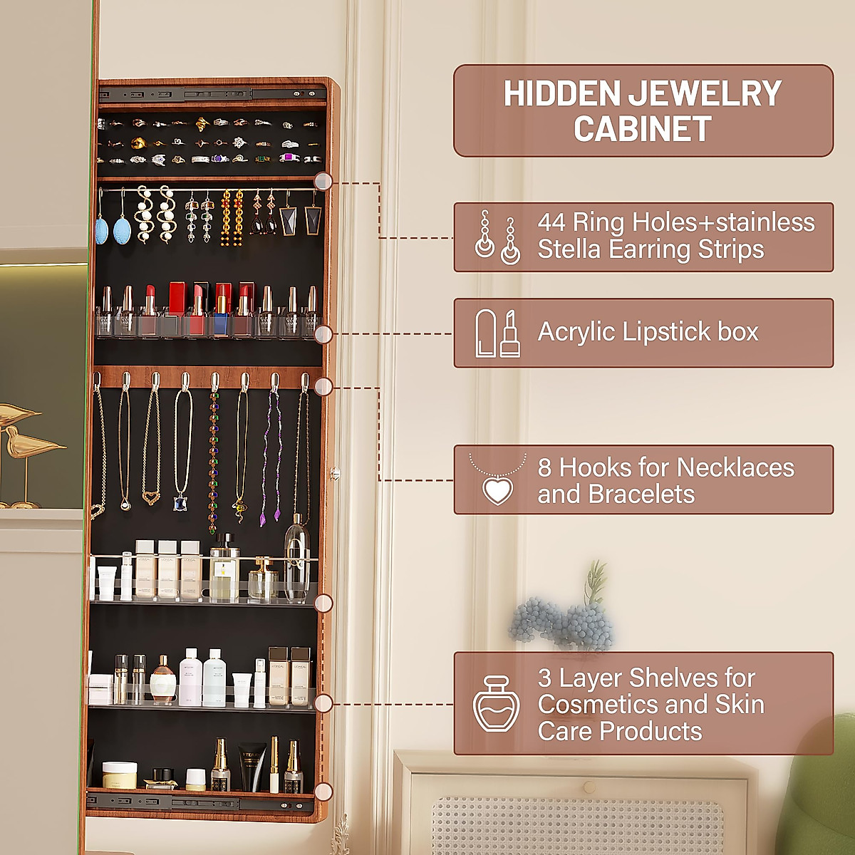 LVSOMT 360° Swivel Jewelry Armoire, Rotatable Full Length Mirror with Jewelry Storage, Standing Jewelry Cabinet with Coat Rack, Walnut, Soild Wood