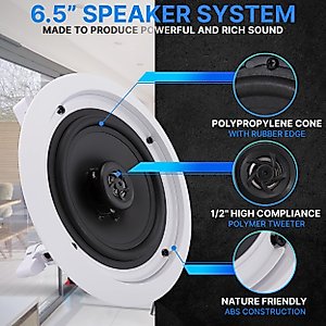 Pyle 6.5 inch 2 Way Home Speaker System w/ 200 Watts Spring Loaded Quick Connections, Bluetooth Receiver Wall Mount, Built in Amplifier, USB, Microphone, 3.5mm Input Aux, Flush Mount in Wall/Ceiling
