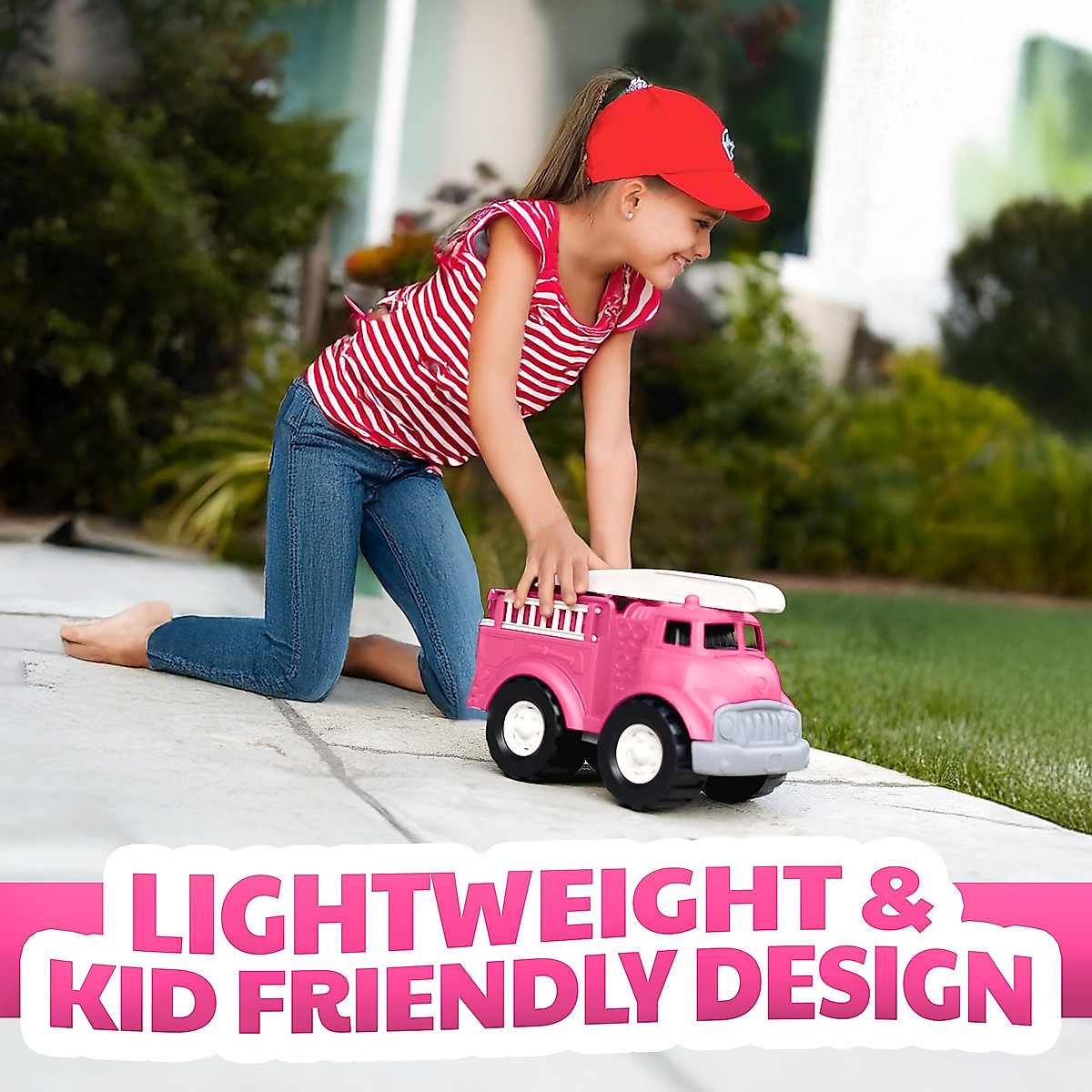 Big Plastic Toy Fire Truck for Toddlers Boys and Girls | Pink Fireman Engine Vehicle with Rescue Ladders for Indoor and Outdoor Imaginative Play (Pink)