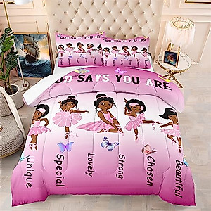 BATATADOCE Cute Little Ballet Bedding Sets African American Black Girls Pink Comforter Set Pink Princess Bed Set Kids Full Size Comforter Sets for Girls Bedroom,1 Comforter + 2 Pillowcases