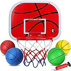 Mini Indoor Basketball Hoop Set for Kids, Wall Mount Basketball Hoop Over Door with 4 Small Replacement Basketballs, ABS Backboard Metal Rim Goal Sport Party Activity Toys for Office Room Pool