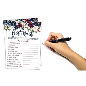 Your Main Event Prints Navy and Burgundy Floral Bridal Shower Bachelorette Games - He Said She Said, Find The Guest Quest, Would She Rather, What's in Your Phone - 25 - Printed Front and Back