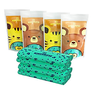 Disposable Diaper Bags, by Kinderific, Nappy Bags, Fresh Scent, Packed in 4 Resealable Ziploc Bags, Perfect Waste Bag for Dog Poop, Easy Tie Sack, 400 Bags