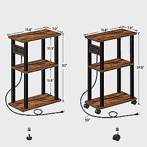 TUTOTAK Small Narrow Side Table with Charging Station, Set of 2 Skinny End Table for Small Spaces, Slim Nightstand with USB Ports and Outlet,Sofa Beside Table with Wheels, Brown TB01BB047