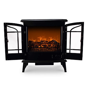Della 17 Inch 1400W Electric Fireplace Compact Freestanding Portable Stove Remote Controlled Heater with Realistic LED Flames, for Living Room or Bedroom - Black