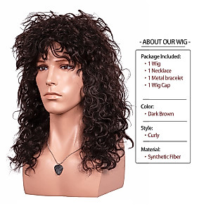FantaLook 70 80s Long Curly Dark Brown Cosplay Wig with Necklace and Mater Bracelet for Halloween