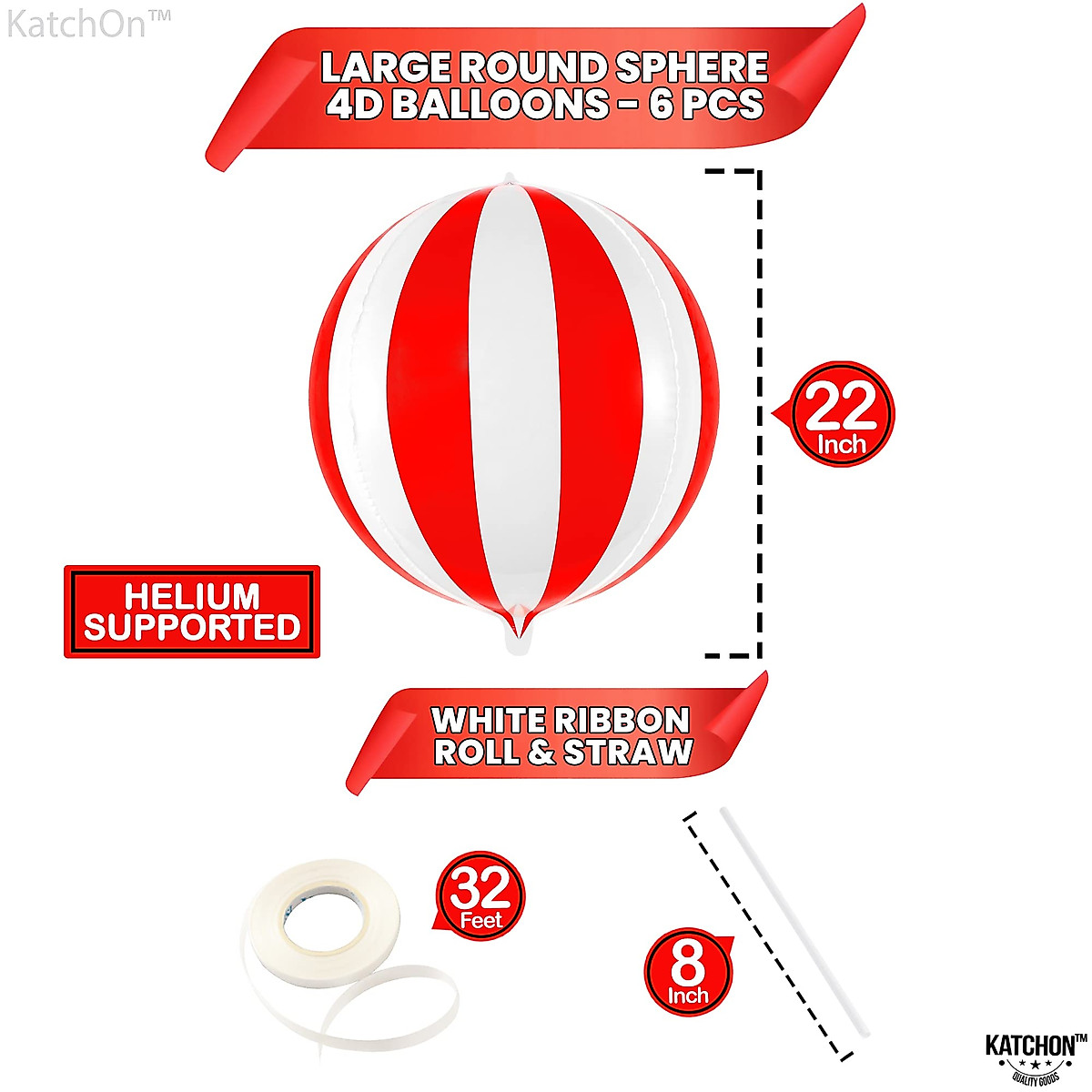KatchOn, Red and White Carnival Balloons - Pack of 6, Circus Decorations | Red and White Striped Balloons for Carnival Theme Party Decorations | Circus Theme Party Decorations | Carnival Decorations