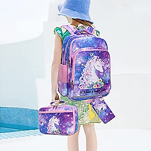BTOOP Girls Backpack Kids Elementary Bookbag Girly School Bag with Insulated Lunch Tote and Pencil Pouch (Galaxy- Purpel Blue)