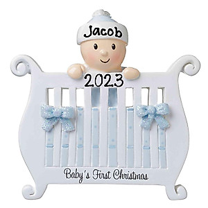 2023 New Baby in Crib Personalized Baby`s First Christmas Hanging Tree Ornament New Born Baby Gift-Free Personalized (Blue)