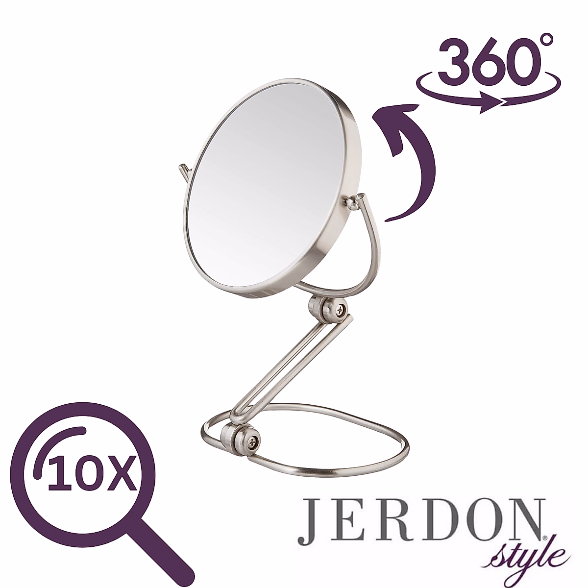 JERDON Folding Travel Makeup Vanity Mirror - Portable 6” Diameter with 10X-1X Magnification – Travel Storage Bag Included - Model MC450N