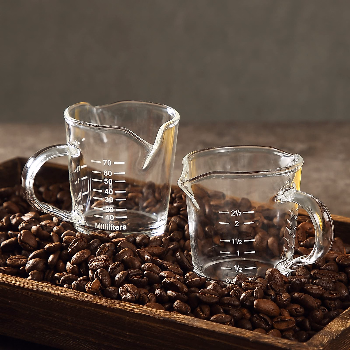 2 Pack 3oz Heat Resistant Glass Espresso Measuring Glass Espresso Shot Glass Triple Pitcher Barista Double Spouts With Pouring Handle Barista Measuring Cup Double Shot Glass (Glass Handle)