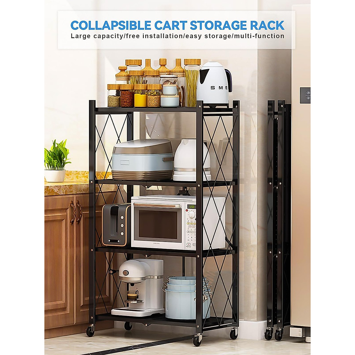 Lanstics 4 Tier Foldable Folding Shelves Heavy Duty Storage Shelving with Wheels Metal Shelf Standing Shelves Units for Home Kitchen Living Room Black