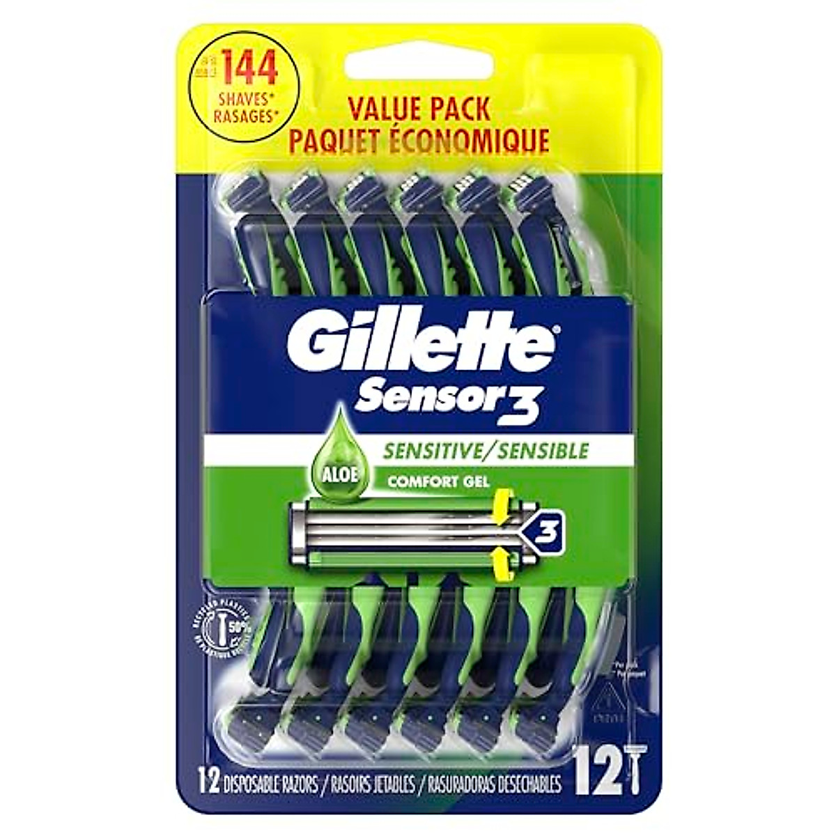 Gillette Sensor3 Sensitive Men's Disposable Razor, 12 Razors
