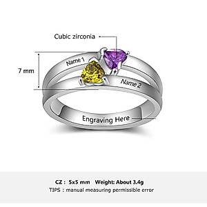 Ashleymade Heart Promise Rings for Her Personalized 2 Names 2 Simulated Birthstone Mother Daughter Rings Engagement Rings for Women (Silver, 9)