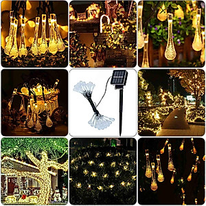 SEYEON Solar String Lights Water Drop Decorative Lights String Waterproof Outdoor Garden Fairy Lights for Patio, Yard, Home, Parties 2-Pack (Warm White)