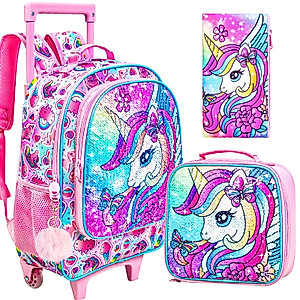 ZLYERT 3PCS Rolling Backpack for Girls, Unicorn Roller School Bag with Wheels for Kids, Wheeled Bookbag with Lunch Box for Children