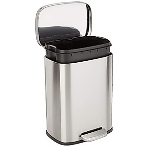 Amazon Basics Smudge Resistant Small Rectangular Trash Can With Soft-Close Foot Pedal, for Bathroom/ Living room, Brushed Stainless Steel,12 Liter/3.1 Gal, Satin Nickel Finish,11.3"L x 9.9"W x 15.1"H