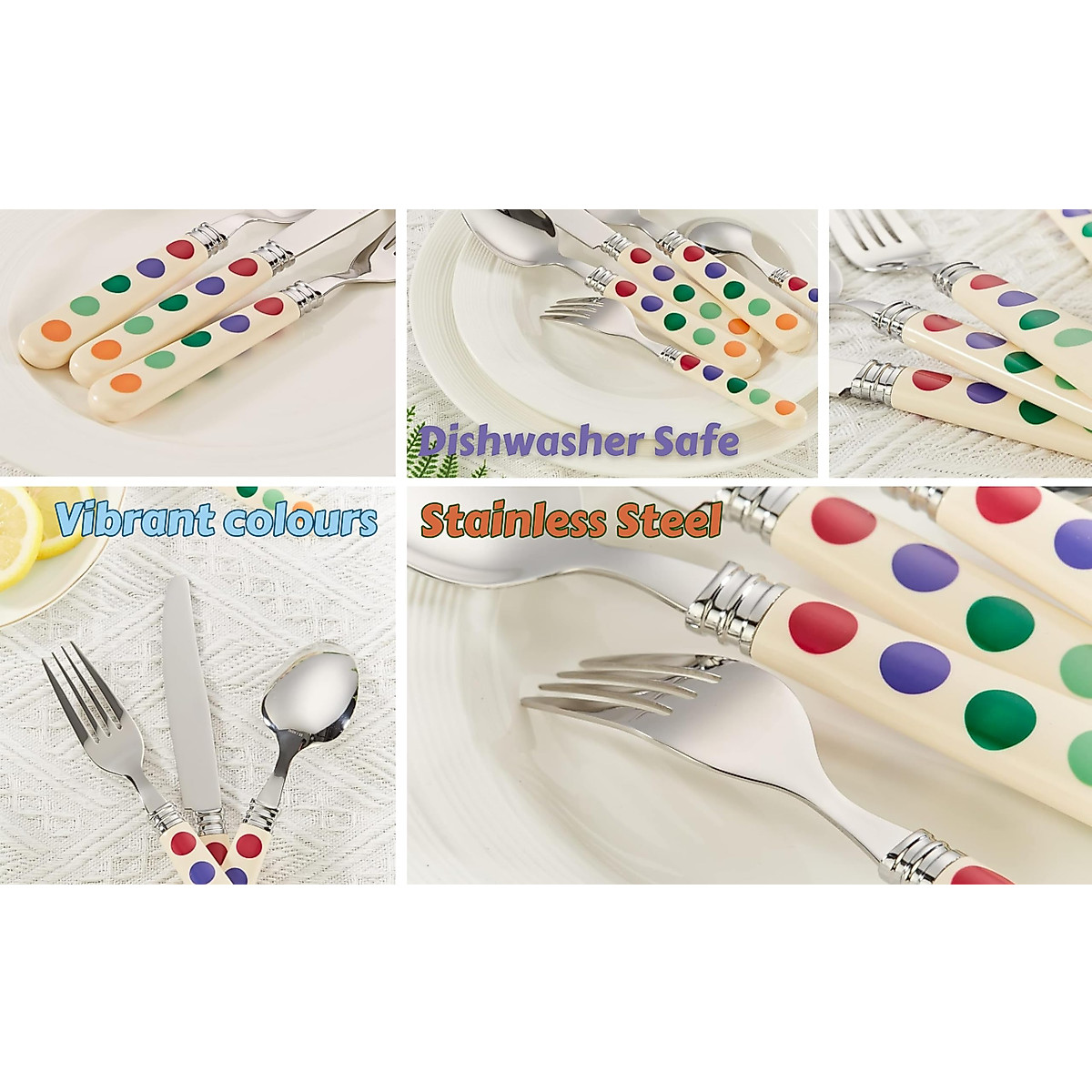 EXZACT Cutlery Set 24 PCS Stainless Steel with Polka Dots Handle - Dinner Knife x 6, Dinner Fork x 6, Table Spoon x 6, Tea Spoon x 6, Service for 6 - Mirror Polished