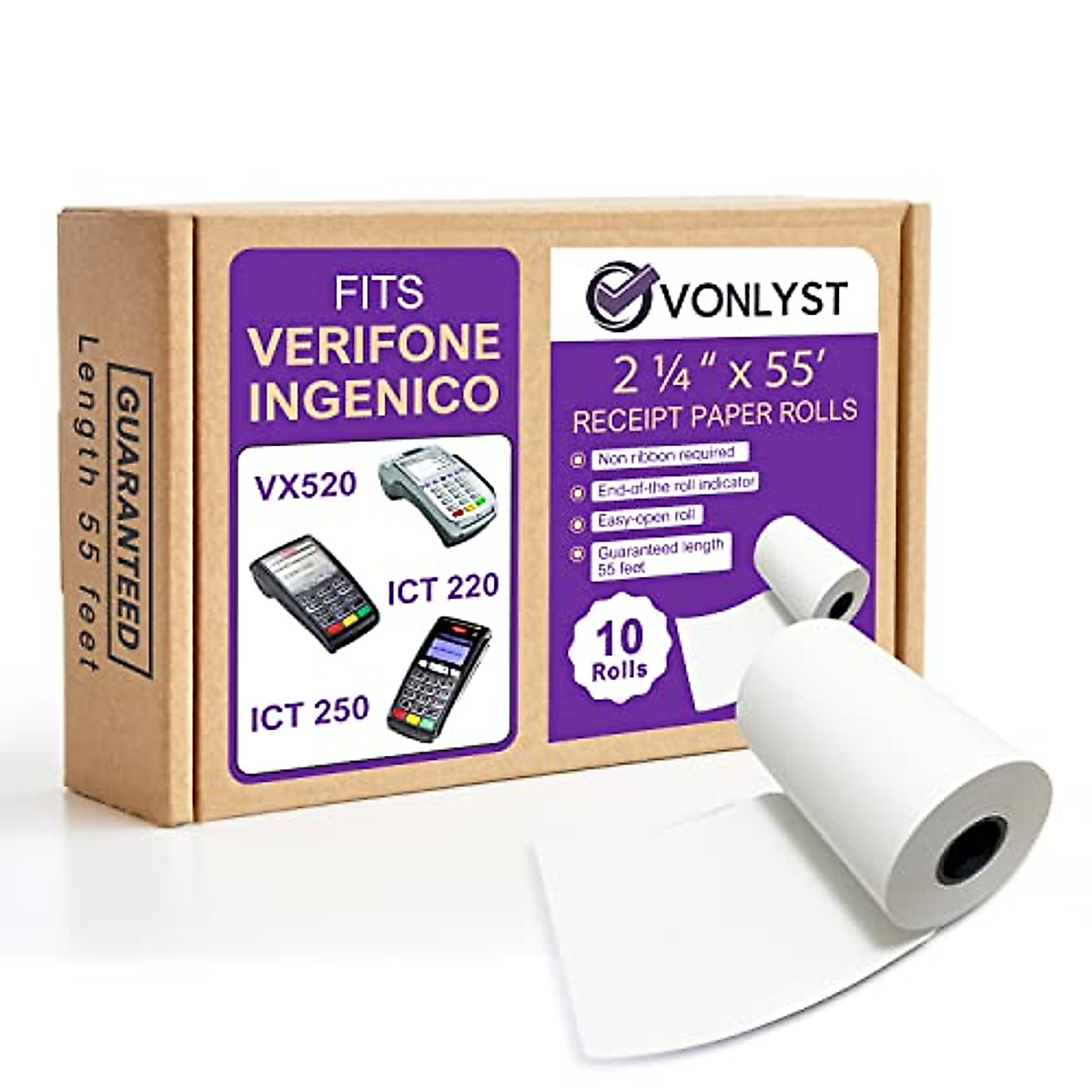 Vonlyst Thermal Paper Roll 2 1/4 X 55 for Verifone Vx520 Ingenico ICT220 ICT250 FD400 (10 rolls)