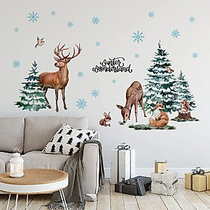 Mfault Winter Christmas Forest Deer Wall Decals Stickers, Xmas Wonderland Pine Tree Animals Elk Squirrel Rabbit Nursery Decorations Kids Bedroom Art, Snowflakes Baby Boys Girls Room Decor