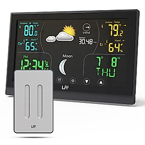 Weather Stations Wireless Indoor Outdoor LFF Indoor Outdoor Thermometer Wireless Color Display Digital Weather Station, Weather Thermometer Forecast Station with Atomic Clock and Adjustable Backlight