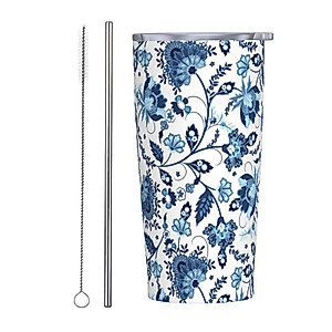 JASROTAO Blue White Porcelain Tumbler,Ceramics 20oz Stainless Steel Insulated Travel Tumbler,Travel Coffee Mug with Lid and Straw Water Bottle Drink Tumbler Cups Gifts for Women Men Lovers