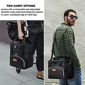 BALORAY 15L Black Insulated Lunch Bag for Men Women, Expandable Large Lunch Bags for work, Leakproof Double Deck Lunch Box Cooler Tote Bag with Adjustable Shoulder Strap