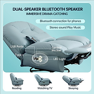 COOSLEEP Oversized Power Swivel Recliner Chair Rocker with 43.5'' Oversized Sitting Width and 270° Swivel,360° Surround Sound and Breathing Lighting,Comes with a 3-in-1 Pillow, 380 Lbs Capacity(Blue)