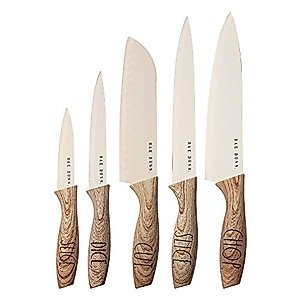 Rae Dunn Everyday Collection Set of 5 Stainless Steel Knives with Sheaths- Chef, Paring, Bread, Santoku Knives- (White)