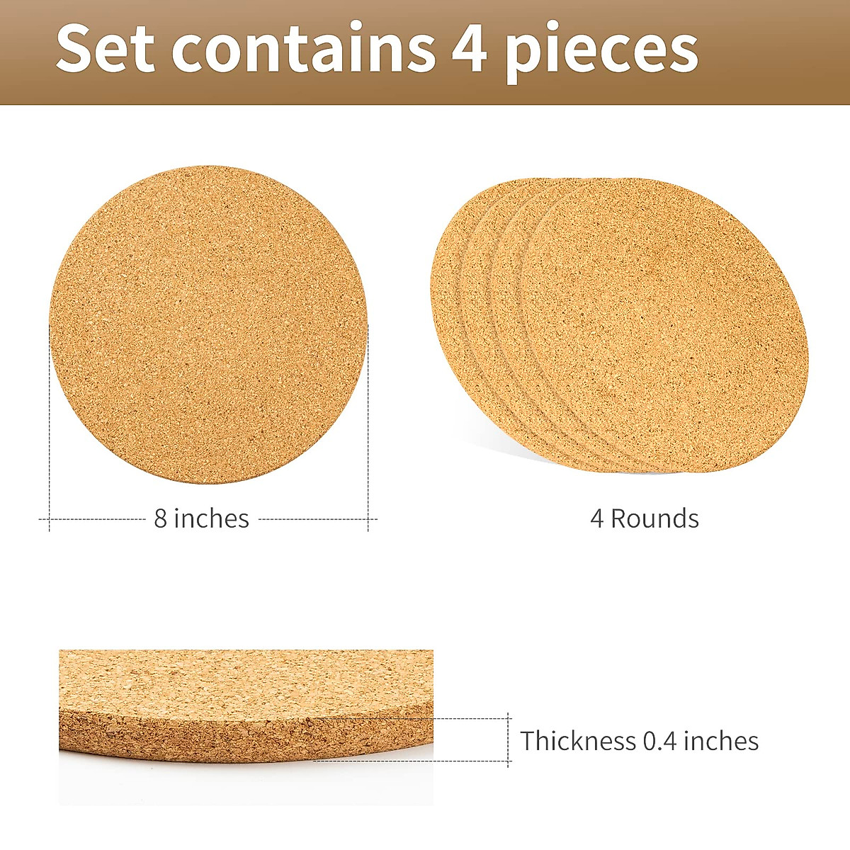 Cork Trivet, High Density Thick Cork Coaster Set for Hot Dishes and Hot Pots, 4 Pack 8 Inch Heat Resistant Multifunctional Cork Board, Hot Pads for Table and Countertop